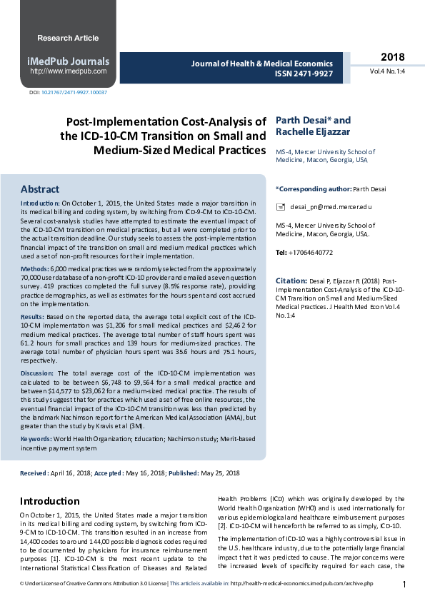 (PDF) Post-Implementation Cost-Analysis of the ICD-10-CM Transition on ...