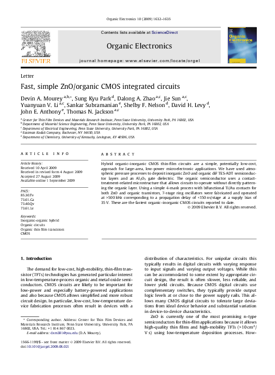 (PDF) Fast, simple ZnO/organic CMOS integrated circuits
