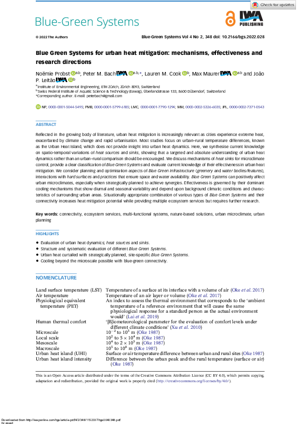 (PDF) Blue Green Systems for urban heat mitigation: mechanisms ...