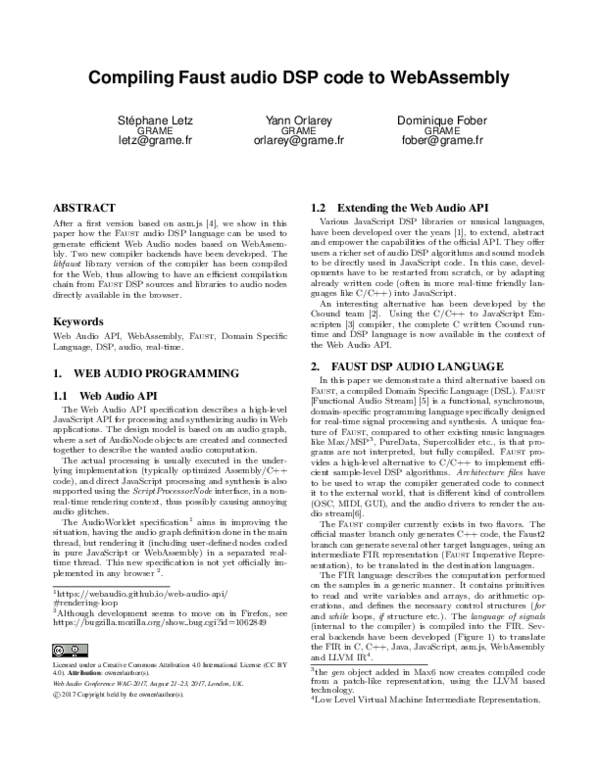 (PDF) Compiling Faust audio DSP code to WebAssembly