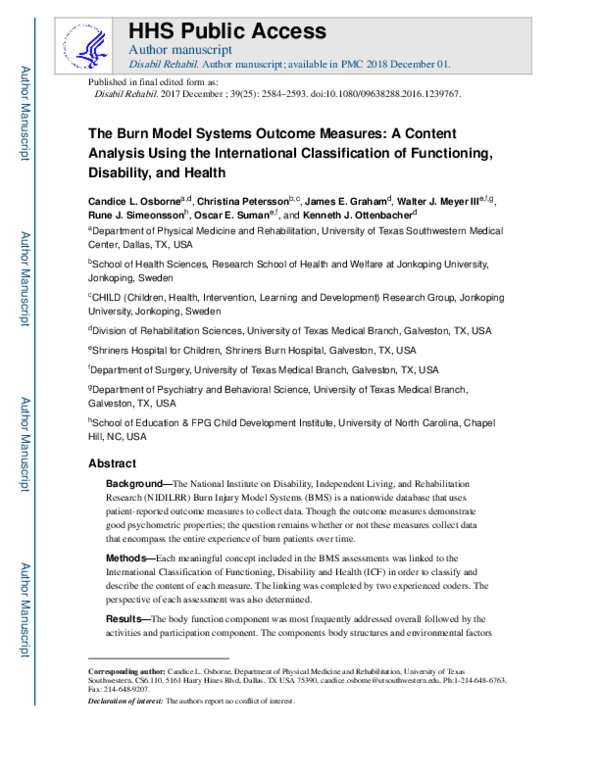 (PDF) The Burn Model Systems outcome measures: a content analysis using ...