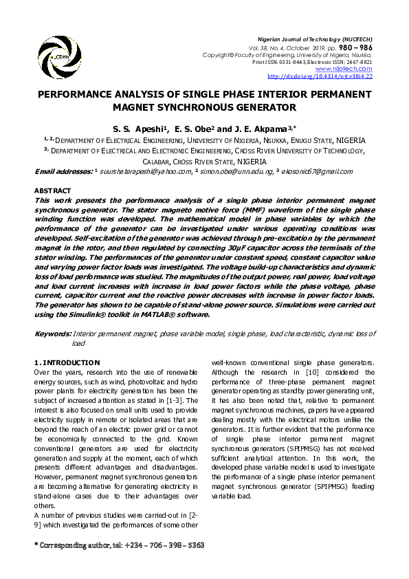 Pdf Performance Analysis Of Single Phase Interior Permanent Magnet Synchronous Generator