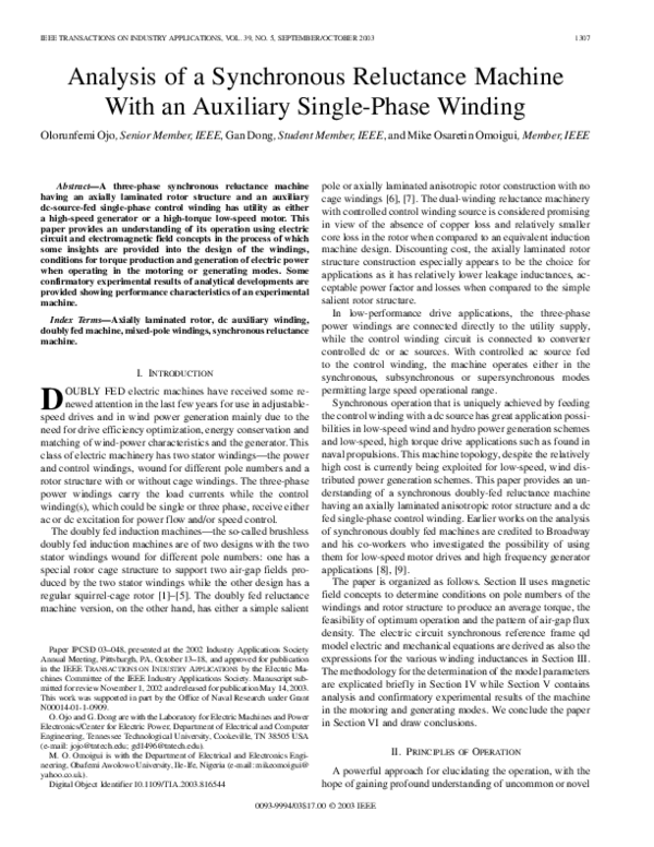 Pdf Analysis Of A Synchronous Reluctance Machine With An Auxiliary Single Phase Winding