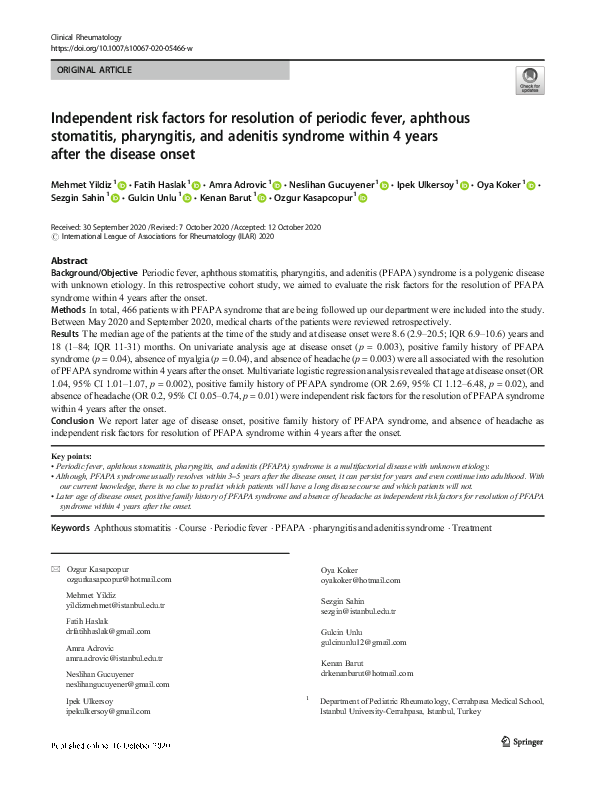 (PDF) Independent risk factors for resolution of periodic fever ...