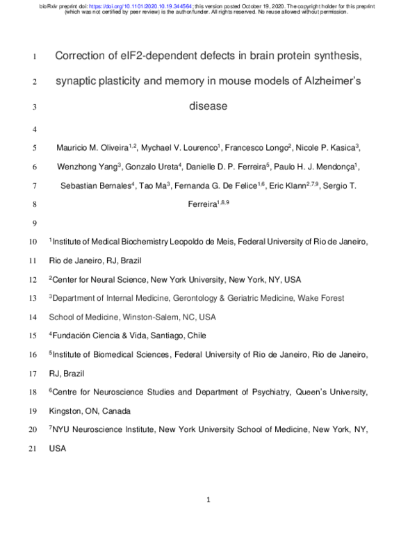 (PDF) Correction of eIF2-dependent defects in brain protein synthesis, synaptic plasticity and ...