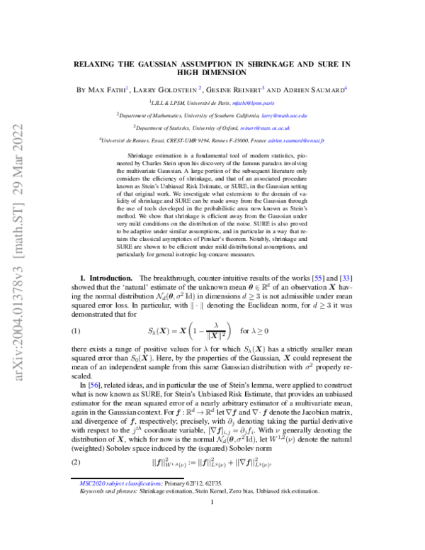 (PDF) Relaxing the Gaussian assumption in shrinkage and SURE in high dimension | Gesine Reinert ...