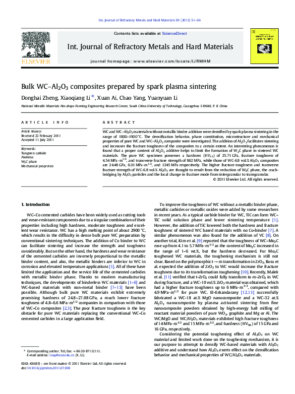(PDF) Bulk WC–Al2O3 composites prepared by spark plasma sintering