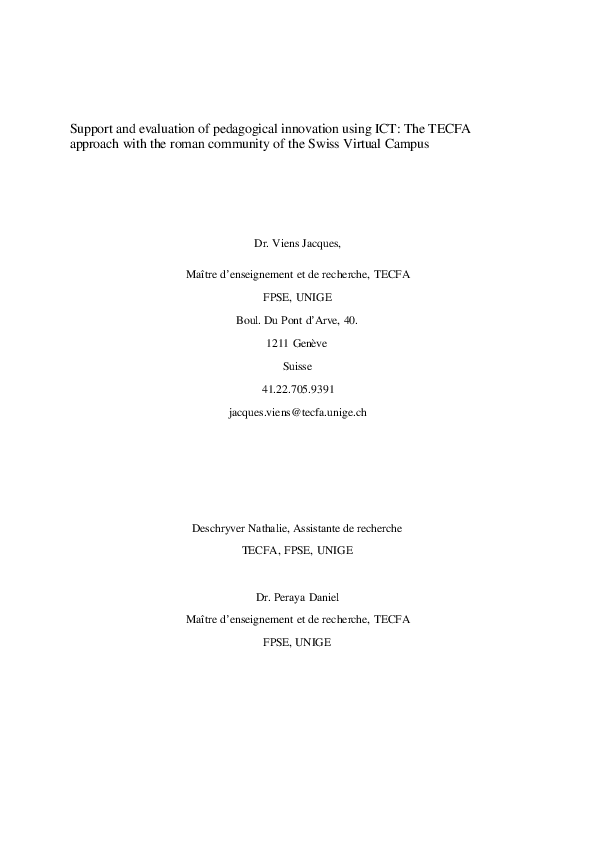 (PDF) Support and evaluation of pedagogical innovation using ICT : the ...