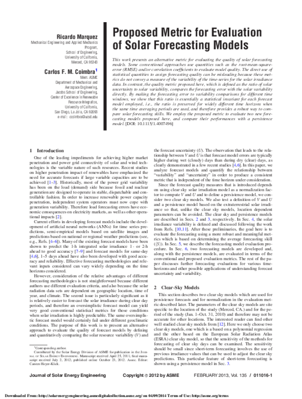 Pdf Proposed Metric For Evaluation Of Solar Forecasting Models