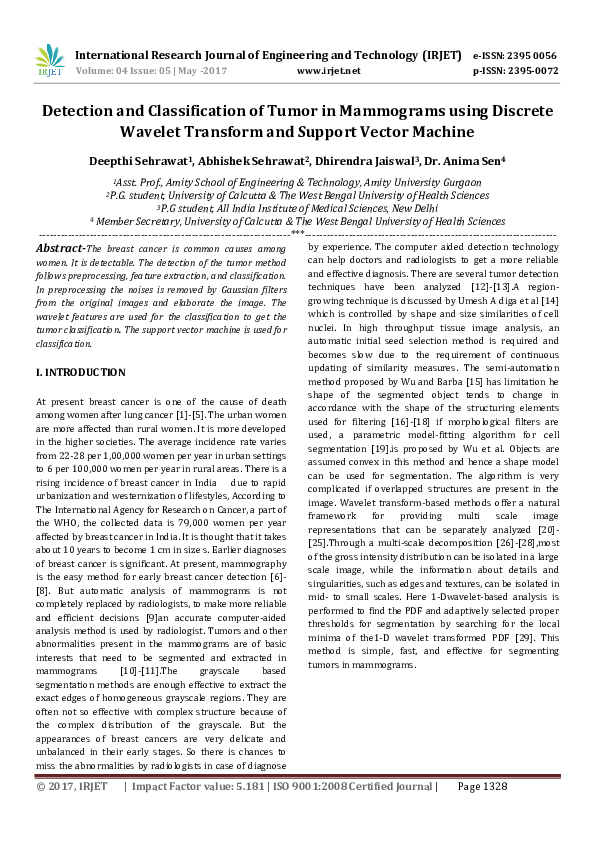 Pdf Detection And Classification Of Tumor In Mammograms Using Discrete Wavelet Transform And