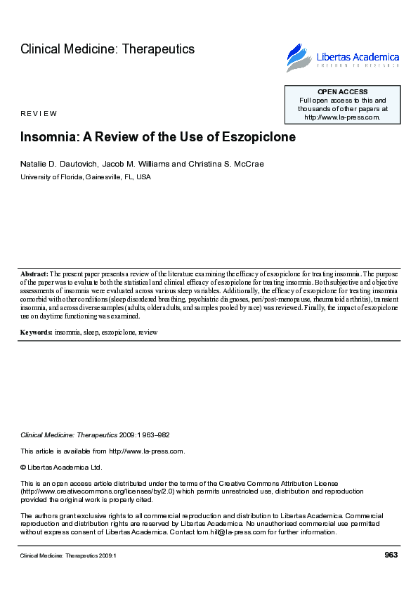 (PDF) Insomnia: A Review of the Use of Eszopiclone