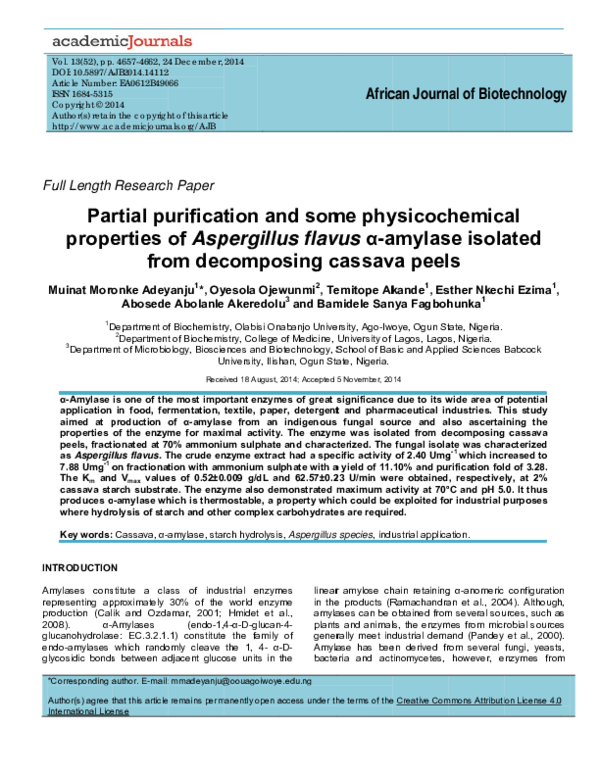 (PDF) Partial purification and some physicochemical properties of Aspergillus flavus -amylase ...
