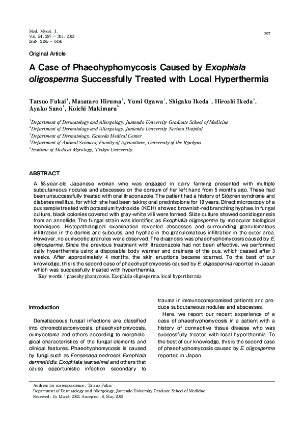 (PDF) A Case of Phaeohyphomycosis Caused by Exophiala oligosperma ...