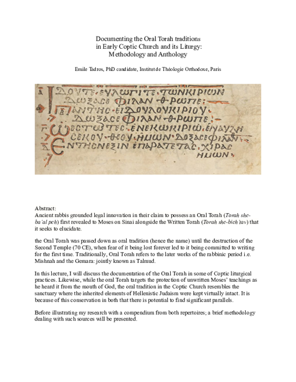 (DOC) Documenting the Oral Torah traditions in Early Coptic Church and ...
