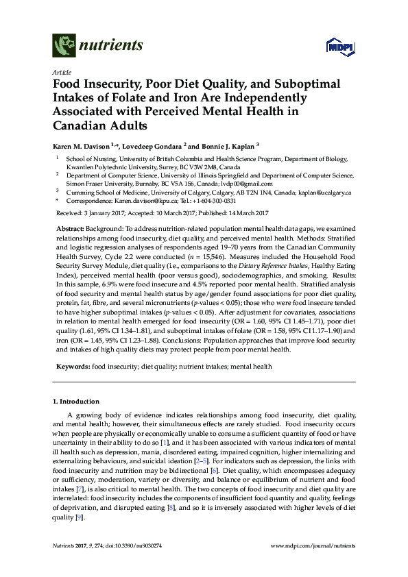 (PDF) Food Insecurity, Poor Diet Quality, and Suboptimal Intakes of Folate and Iron Are ...