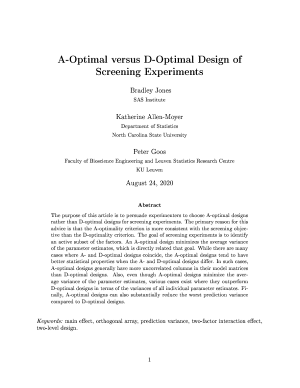 (PDF) A-optimal versus D-optimal design of screening experiments
