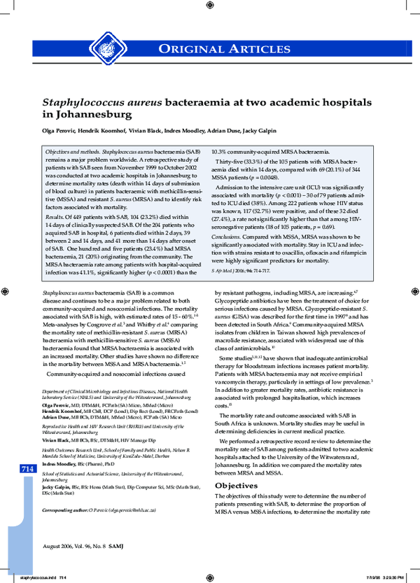 (PDF) Staphylococcus aureus bacteraemia at two academic hospitals in Johannesburg