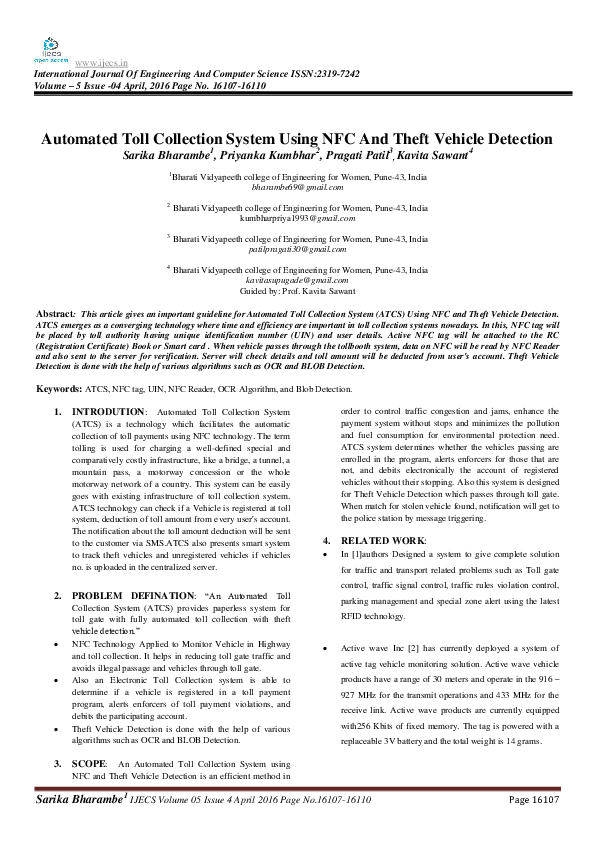 (PDF) Automated Toll Collection System Using NFC And Theft Vehicle ...