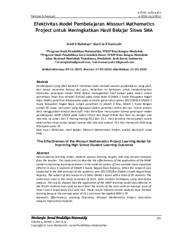 (PDF) Efektivitas Model Pembelajaran Missouri Mathematics Project untuk ...