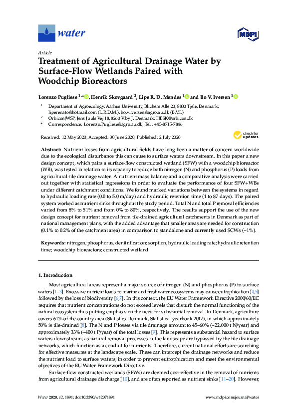 Pdf Treatment Of Agricultural Drainage Water By Surface Flow Wetlands Paired With Woodchip