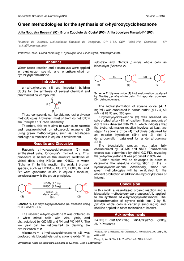 (PDF) Green methodologies for the synthesis of α-hydroxycyclohexanone