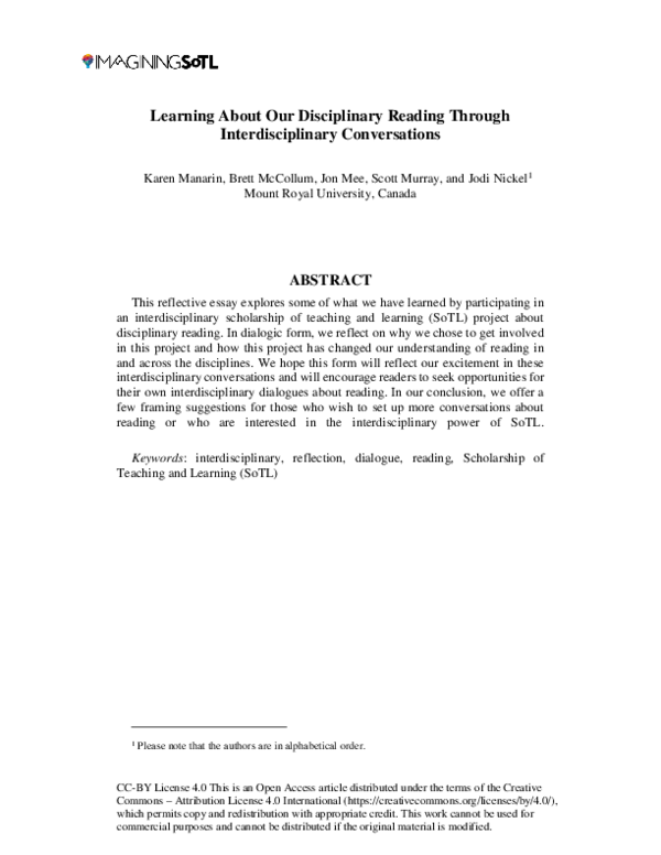 (PDF) Learning about our Disciplinary Reading through Interdisciplinary Conversations