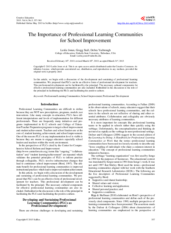 (PDF) The Importance of Professional Learning Communities for School ...