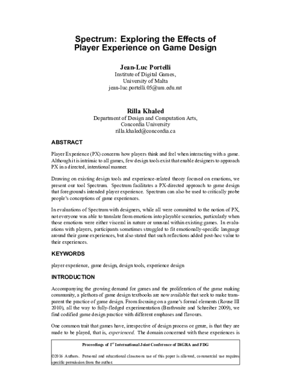 (PDF) Spectrum: Exploring the Effects of Player Experience on Game Design