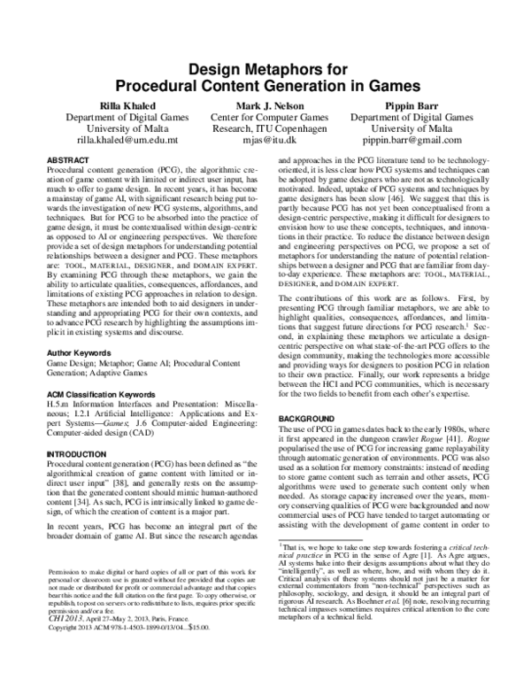 (PDF) Design metaphors for procedural content generation in games