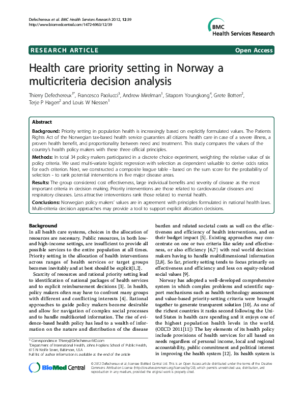 (PDF) Health care priority setting in Norway a multicriteria decision ...