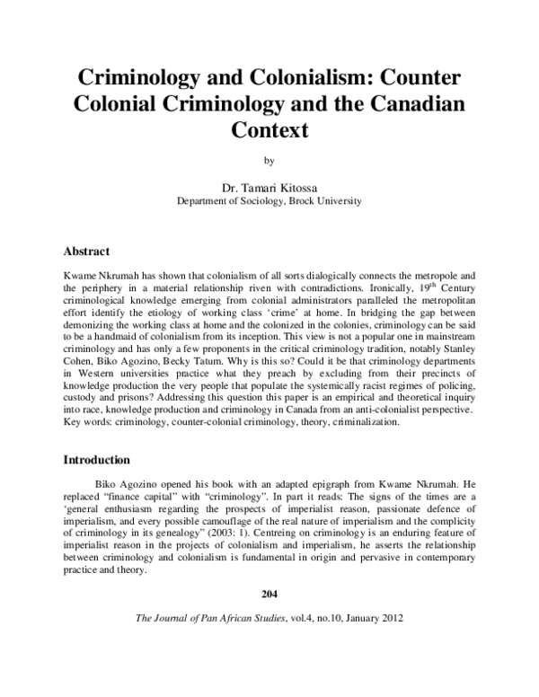 (PDF) Criminology and Colonialism: Counter Colonial Criminology and the ...