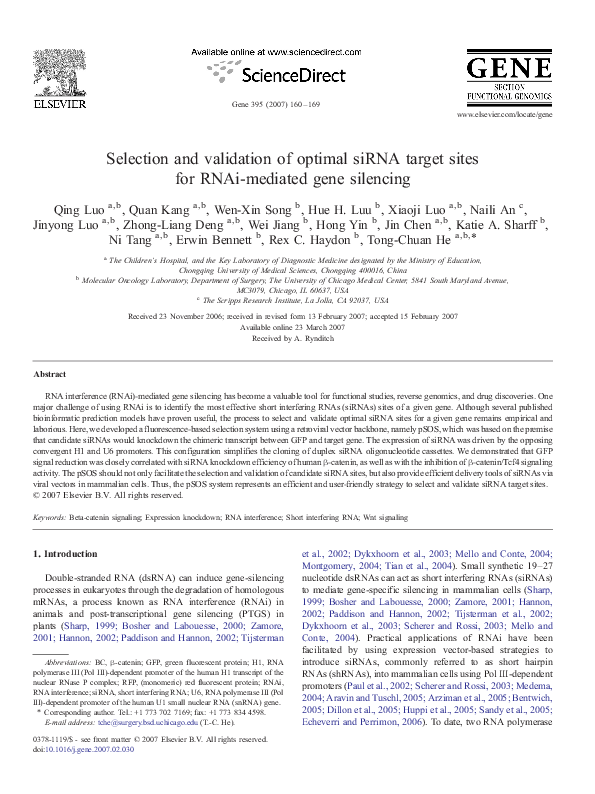 (PDF) Selection and validation of optimal siRNA target sites for RNAi ...