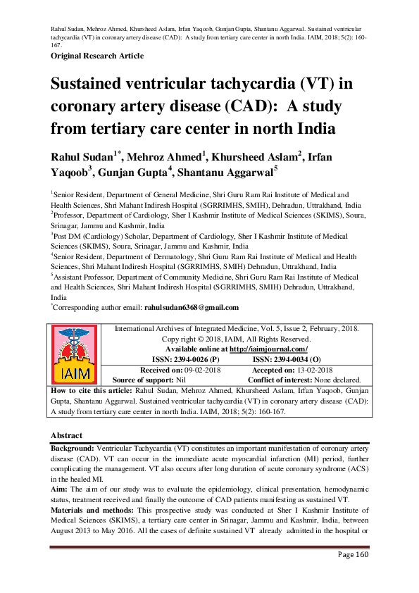 (PDF) Sustained Ventricular Tachycardia (VT) in coronary artery disease (CAD): A study from ...
