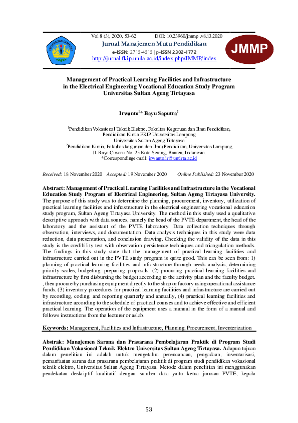 (PDF) Management of Practical Learning Facilities and Infrastructure in the Electrical ...