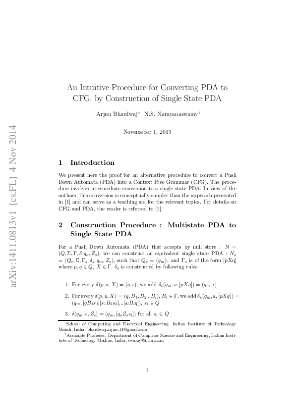 (PDF) An Intuitive Procedure for Converting PDA to CFG, by Construction of Single State PDA