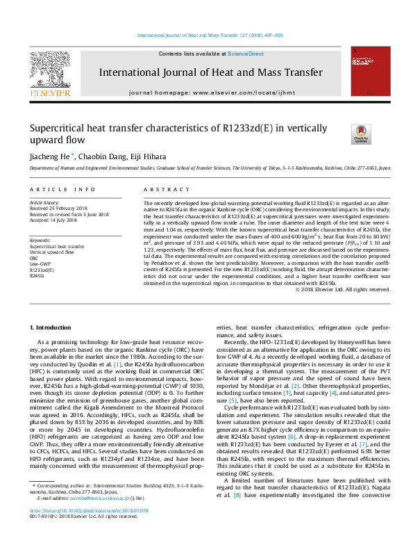 (PDF) R1233zd(E) Supercritical Heat Transfer Study