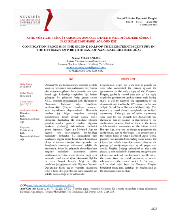 (PDF) XVIII. YÜZYILIN İKİNCİ YARISINDA OSMANLI DEVLETİ'NDE MÜSADERE ...