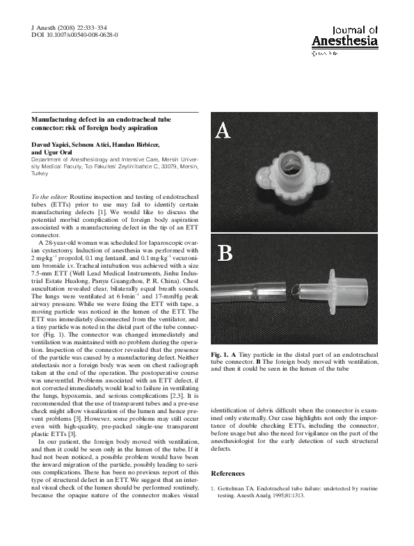 (PDF) Manufacturing defect in an endotracheal tube connector: risk of ...