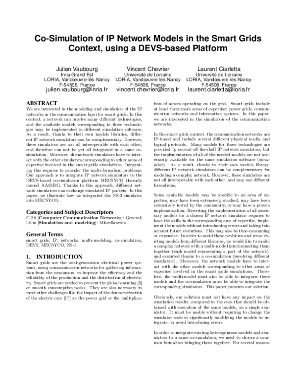 Pdf Co Simulation Of Ip Network Models In The Smart Grids Context Using A Devs Based Platform