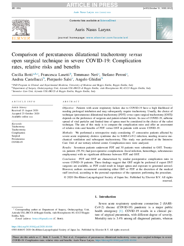 (PDF) Comparison of percutaneous dilatational tracheostomy with single ...