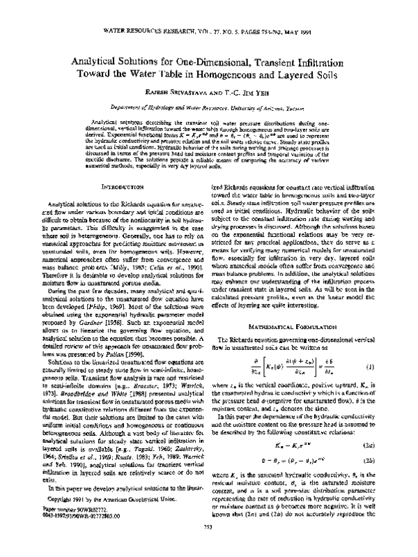 (PDF) Analytical solutions for one-dimensional, transient infiltration toward the water table in ...