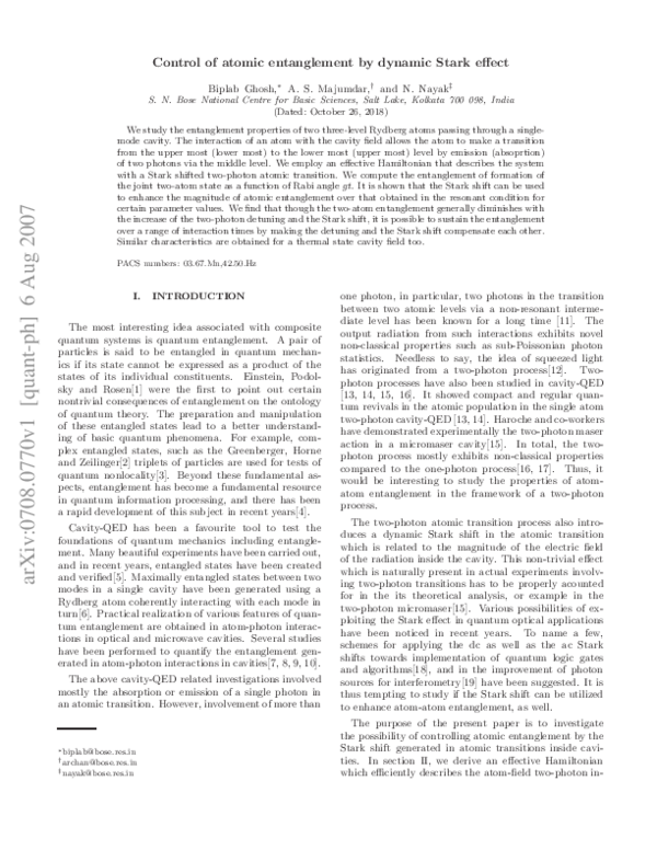 (PDF) Enhancing Atomic Entanglement via Dynamic Stark Effect