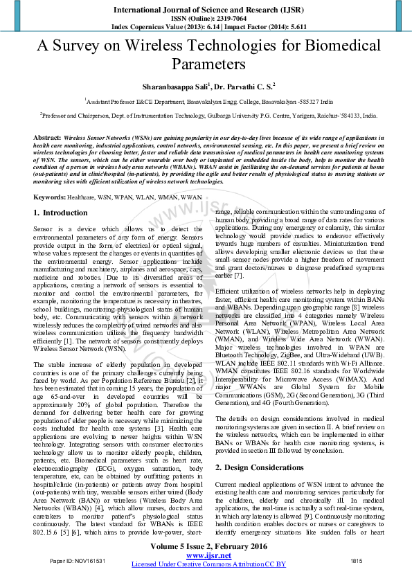 Pdf A Survey On Wireless Technologies For Biomedical Parameters 6956