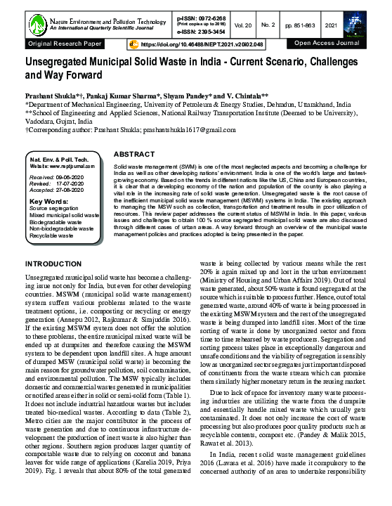 (PDF) Unsegregated Municipal Solid Waste in India - Current Scenario ...