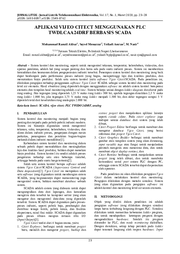 (PDF) Aplikasi Vijeo Citect Menggunakan PLC TWDLCAA24DRF Berbasis SCADA