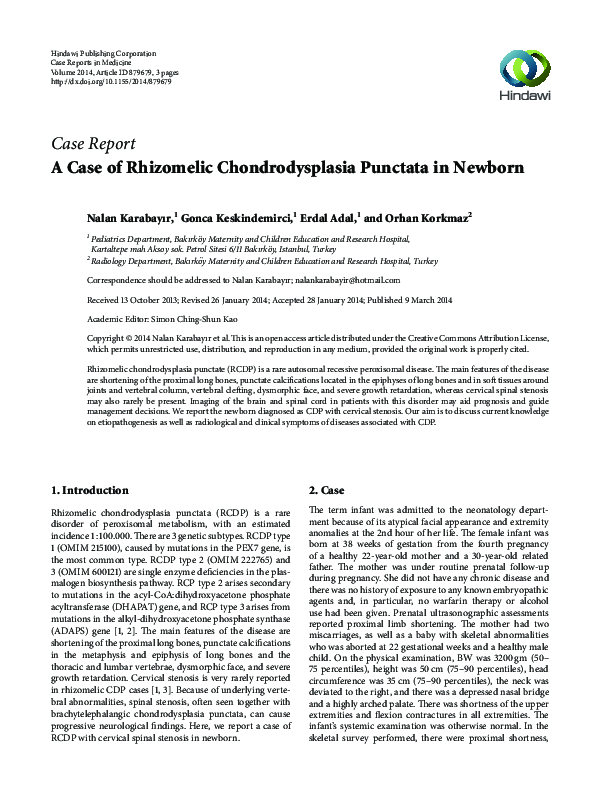 (PDF) A Case of Rhizomelic Chondrodysplasia Punctata in Newborn