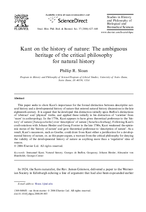 (PDF) Kant on the history of nature: The ambiguous heritage of the ...