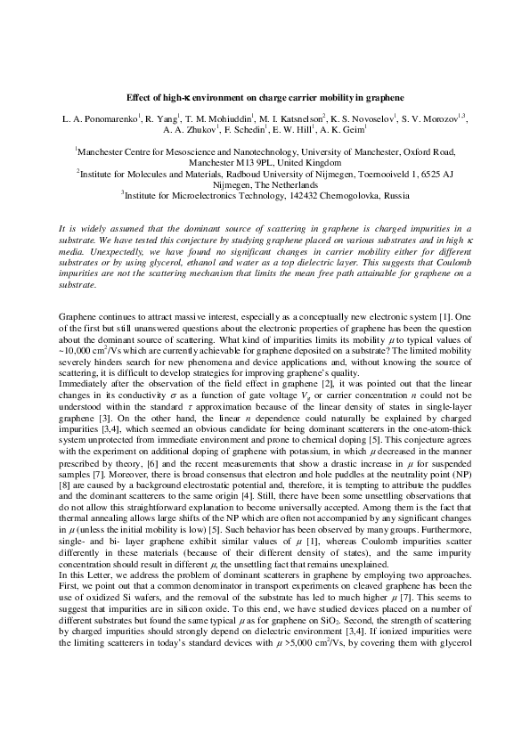 (PDF) Effect of a High-κEnvironment on Charge Carrier Mobility in Graphene