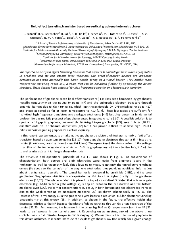 (PDF) Field-Effect Tunneling Transistor Based on Vertical Graphene Heterostructures