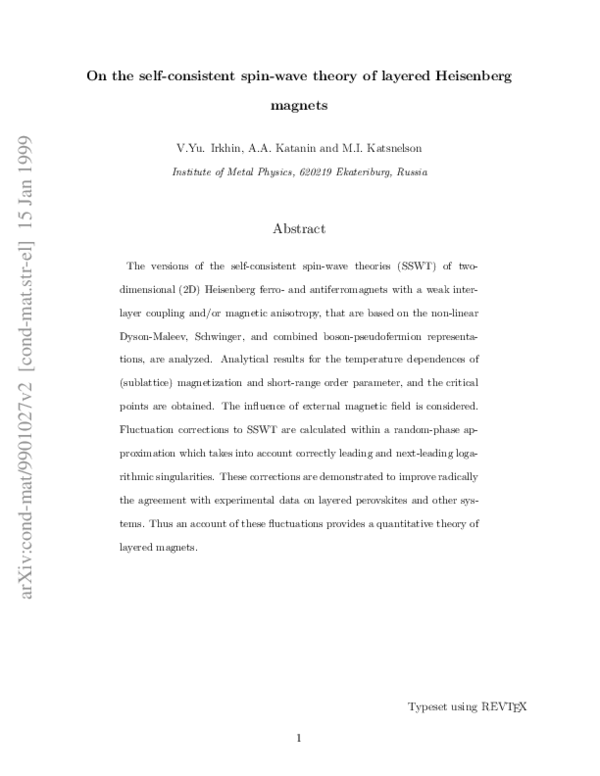 (PDF) Self-consistent spin-wave theory of layered Heisenberg magnets | Mikhail Katsnelson ...